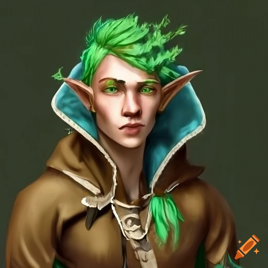 Male elf with leafy green hair wearing a hood on Craiyon