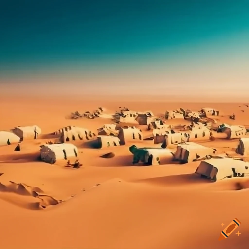 Military camp in a sandy desert from a top view on Craiyon