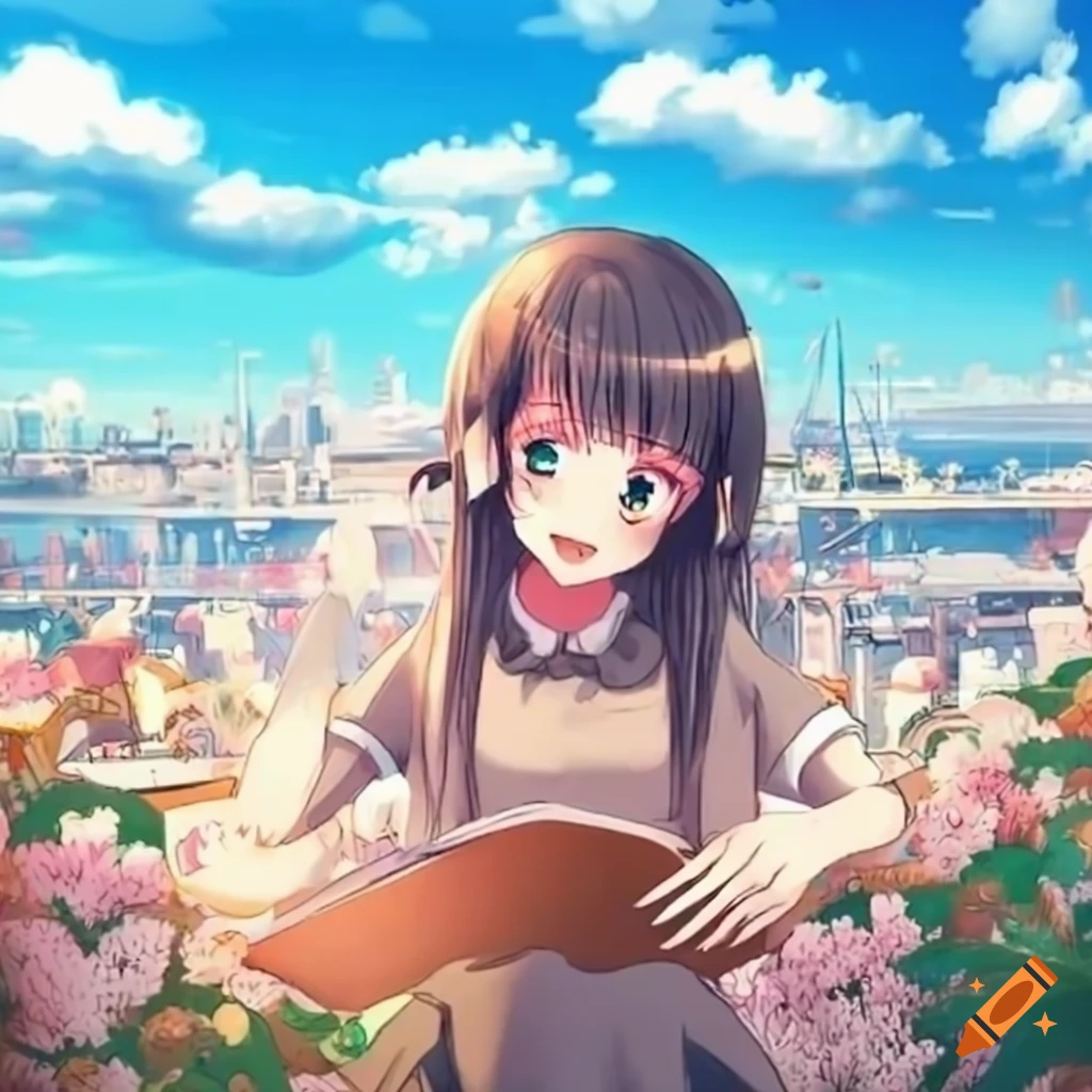 Cheerful anime girls studying in a blooming garden with books and ...