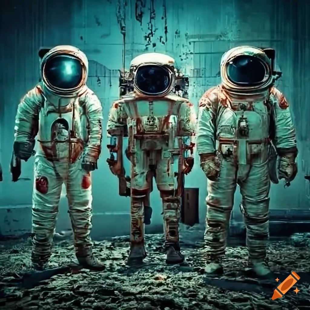 Vintage team of high-tech steam punk astronauts in the ruins of an ...