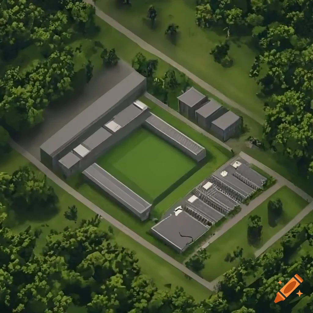 Isometric view of a military training camp with buildings and tents ...