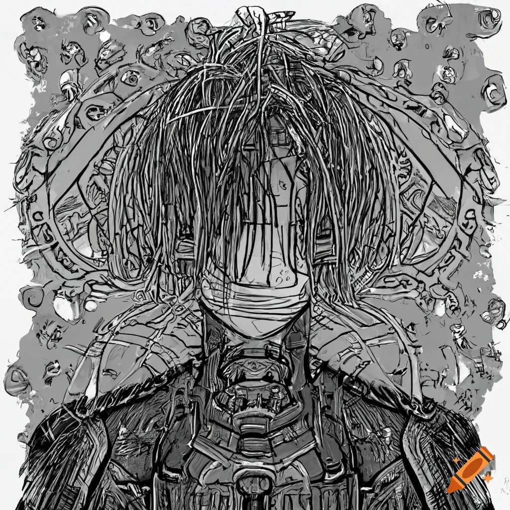 Dysfunctional dystopian male robot with wire hair drawn in charcoal on Craiyon