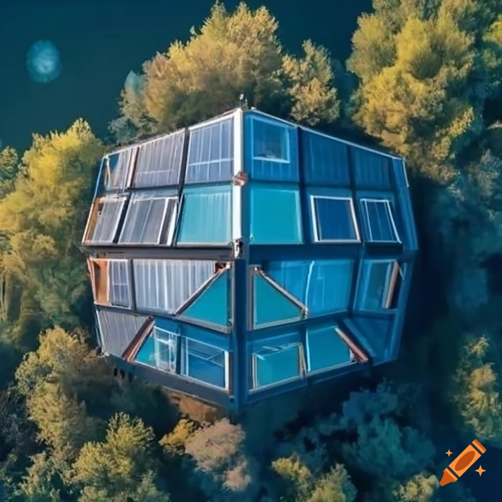 Aerial view of modern solar powered pentagon-shaped shipping container ...