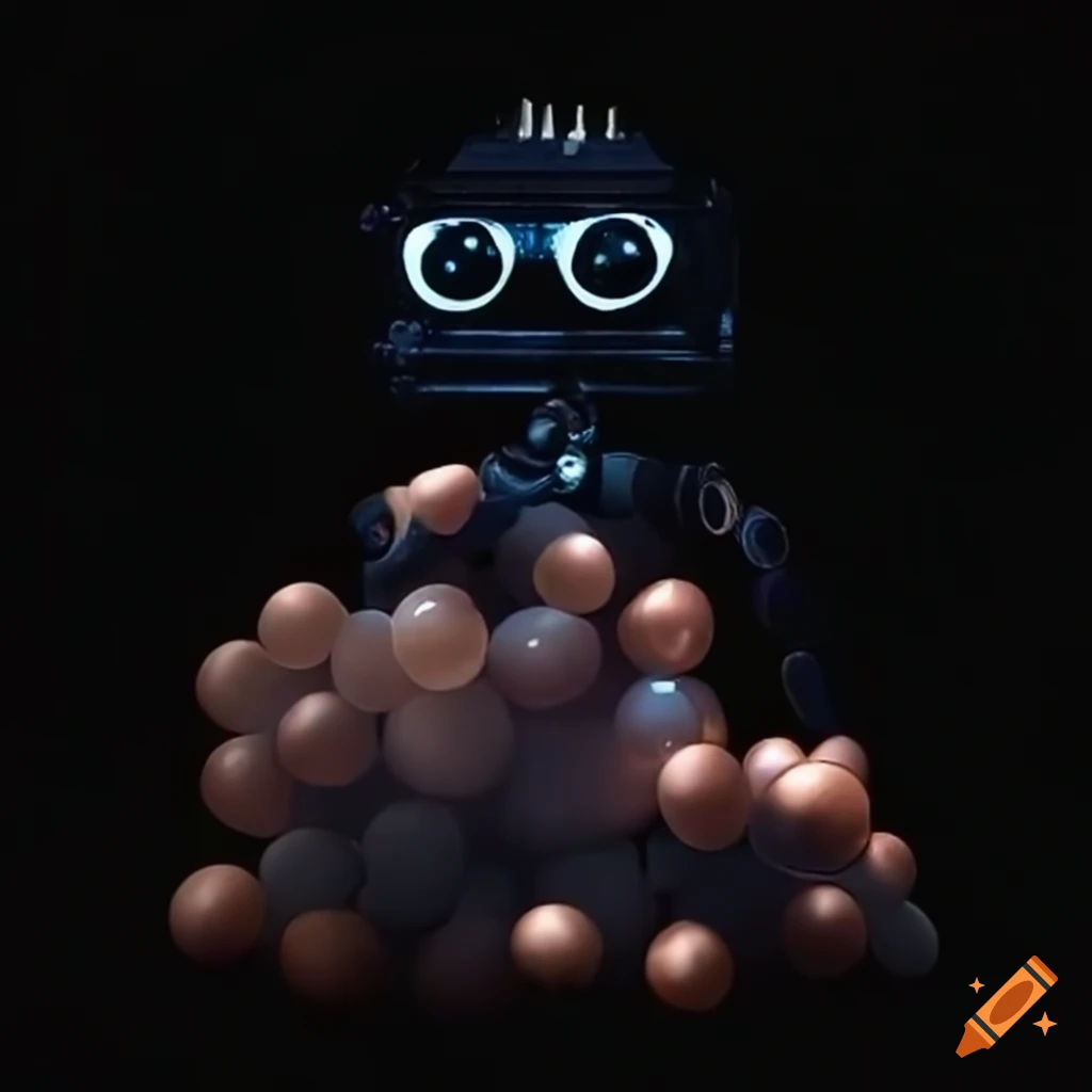 Four cute square robots playing music on a surrealist stage on Craiyon