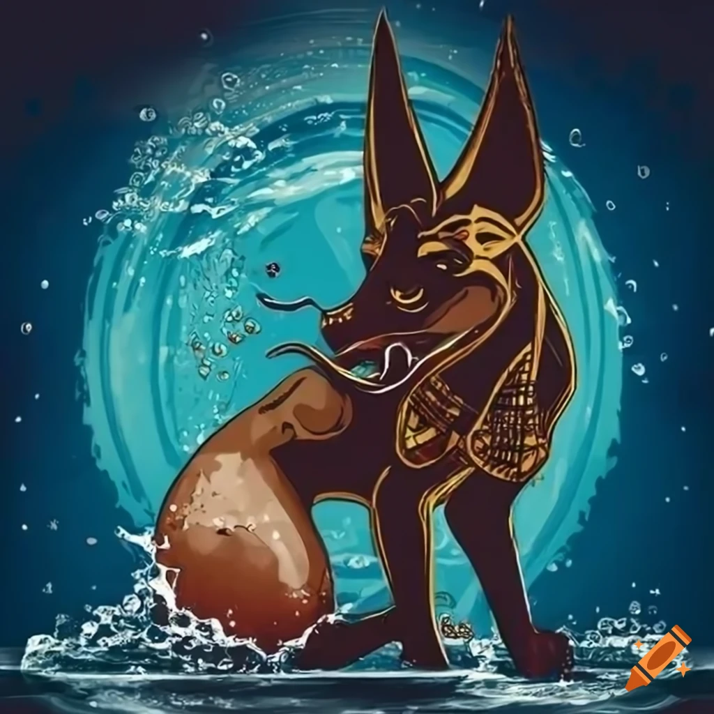 Creative retro anubis dog fighting on water on Craiyon