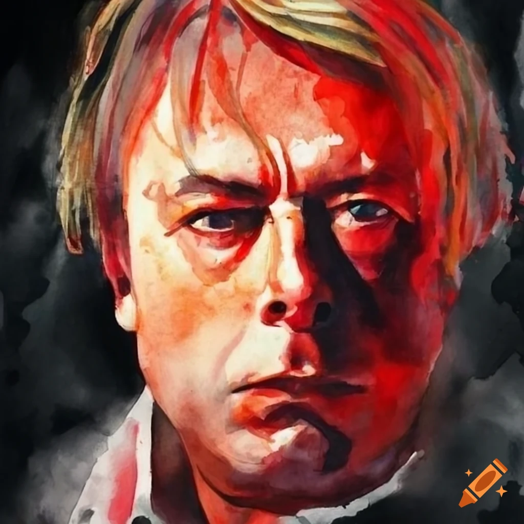 Portrait of Christopher Hitchens in red and black watercolor on Craiyon