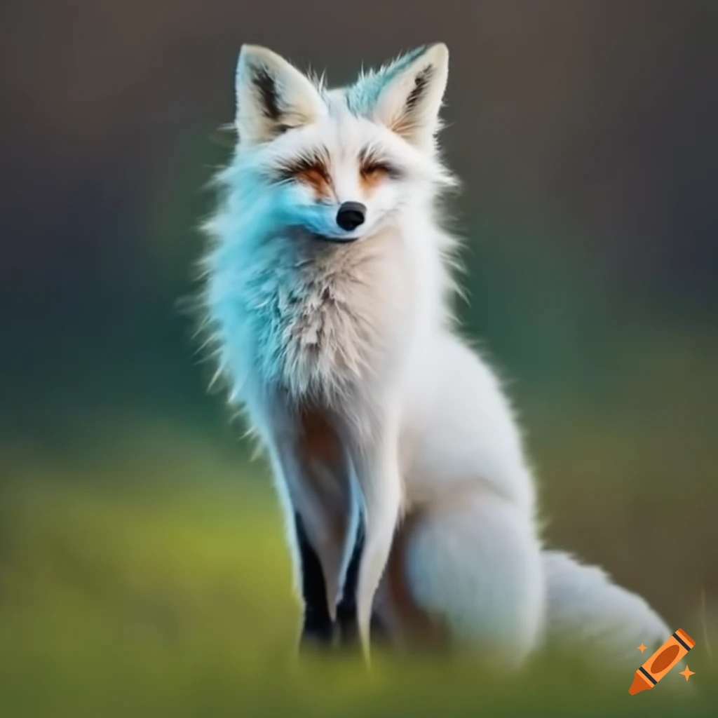 Fluffy white fox with green eyes harnessing wind power on Craiyon