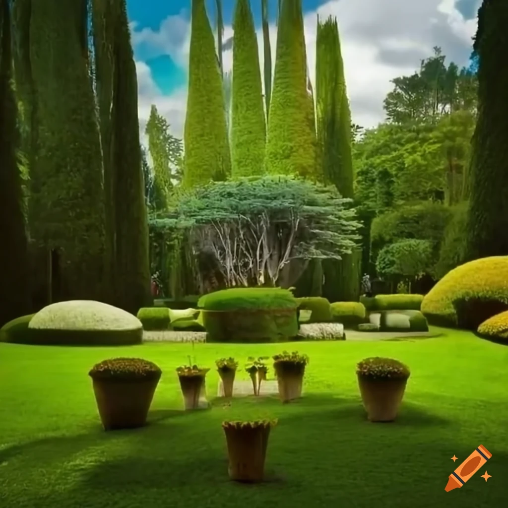 Paradise garden with triangular lawn and tall conifers and flowers on ...