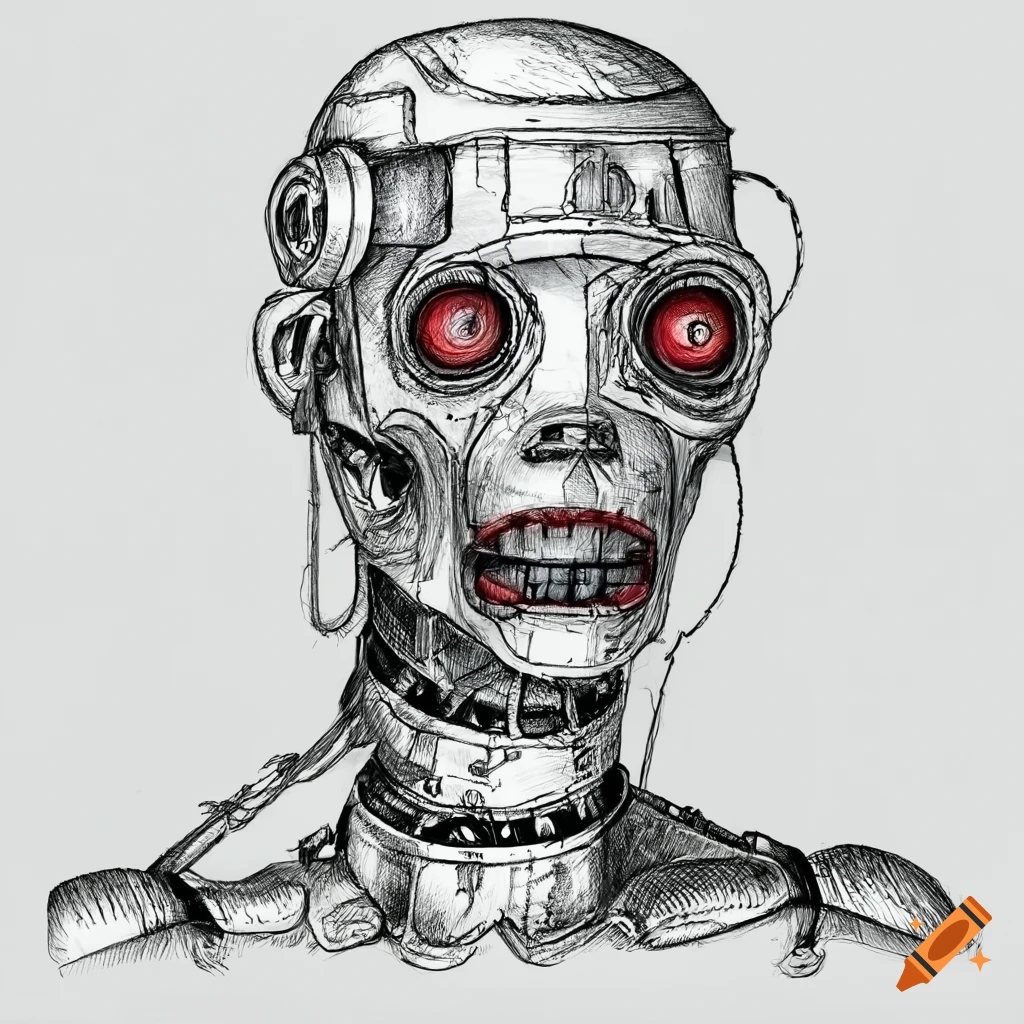 Deranged robot drawn in pencil on white background on Craiyon