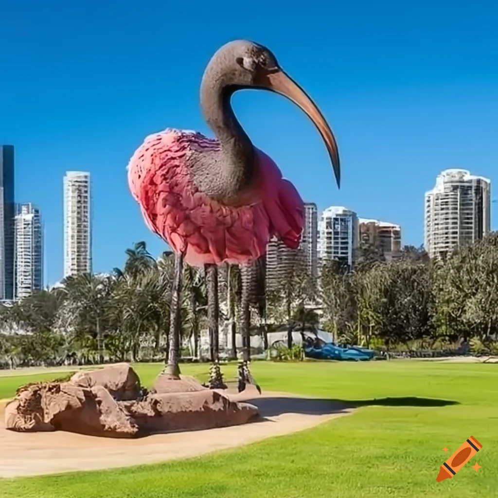 Gold coast, australia with a giant ibis bird sculpture on Craiyon