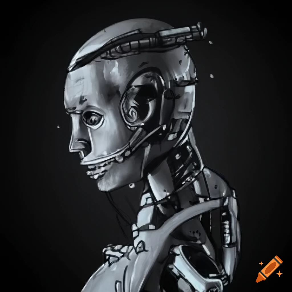 Dysfunctional dystopian male robot with wire hair drawn in charcoal on ...