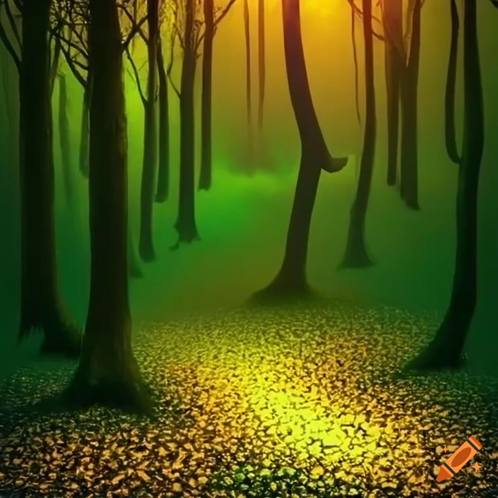 Enchanted green magical forest with golden foliage on the ground on Craiyon