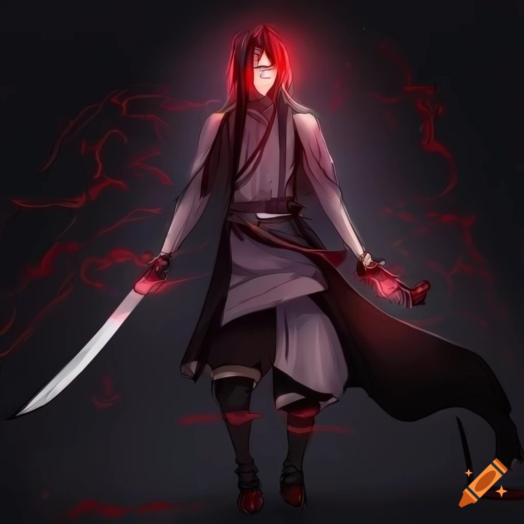 Anime-style swordsman with long black hair and katana on black ...