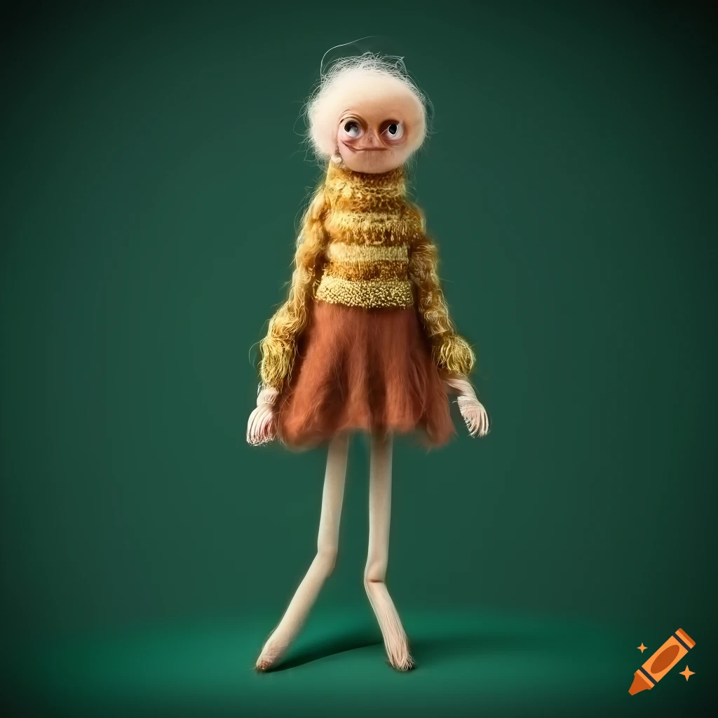 Felted wool fictional character with long legs and big head in short ...