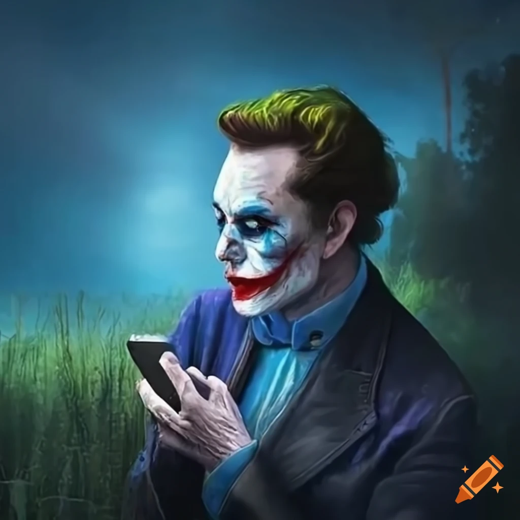 Blue butterfly landscape with elon musk as a joker and x smartphone on ...