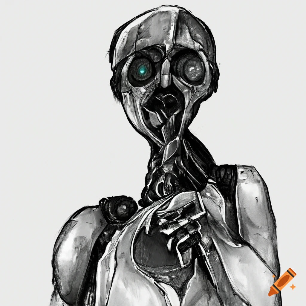 Deranged robot drawn in pencil on white background on Craiyon