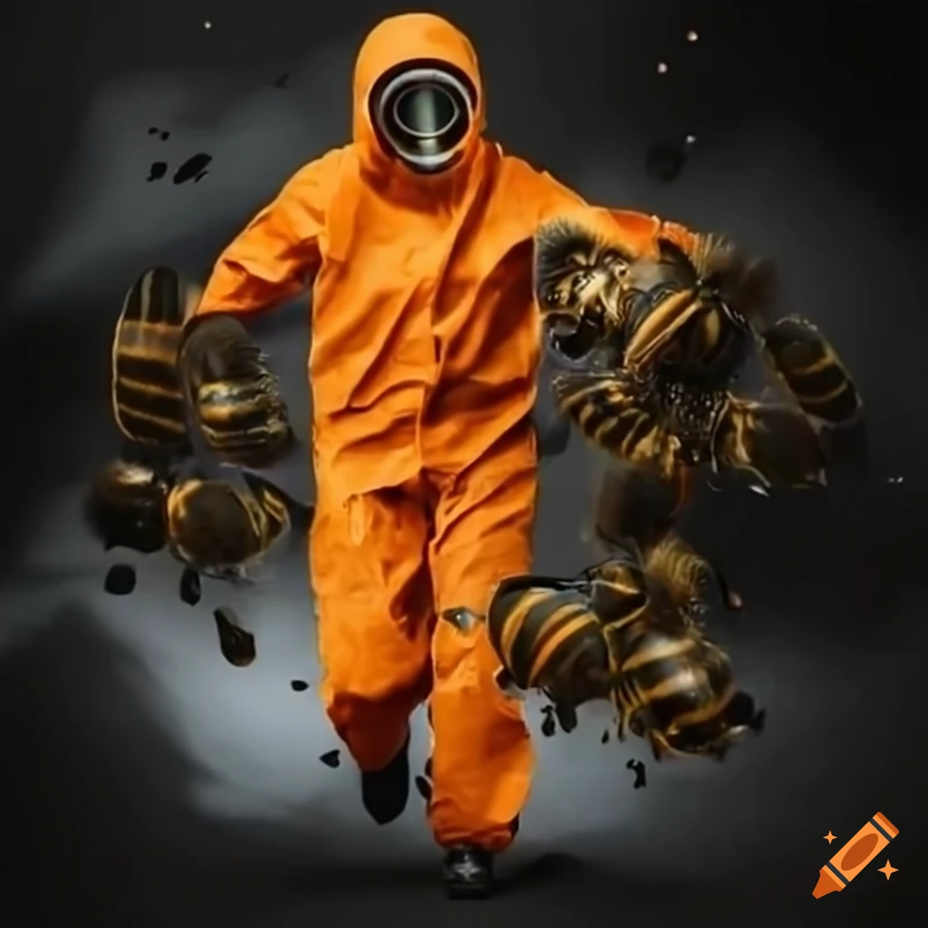 Person in orange suit and gas mask running from bee attack on Craiyon