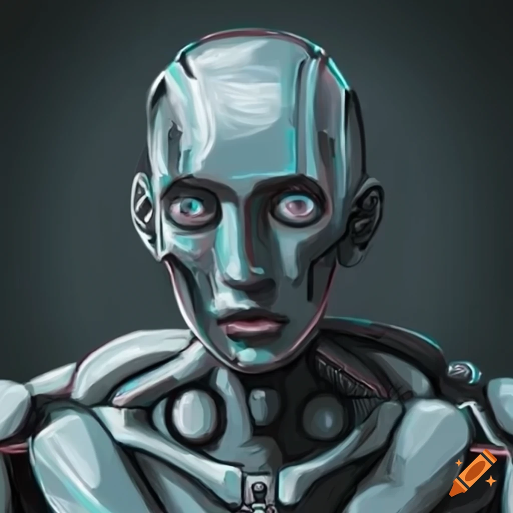 Dysfunctional dystopian male robot with wire hair drawn in charcoal on ...