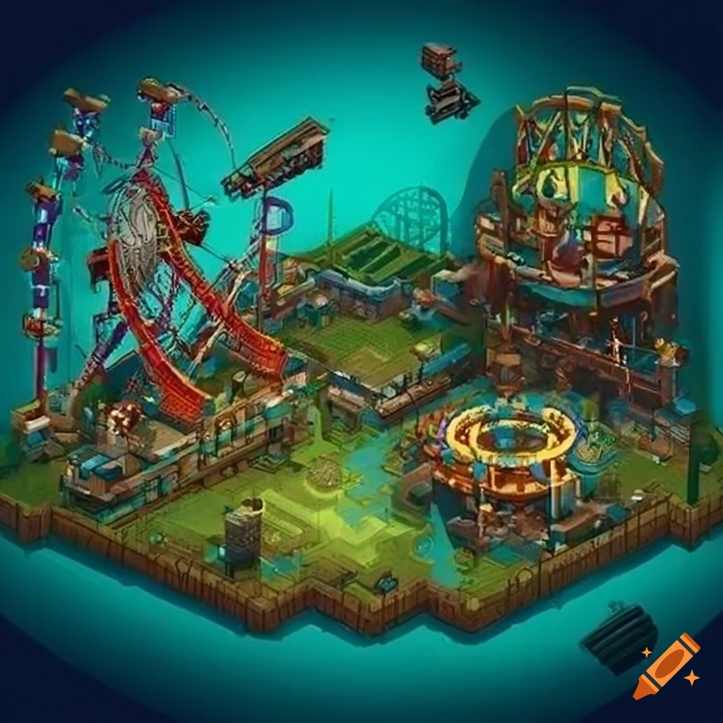 Isometric 8-bit concept art of abandoned amusement park terrain for rpg ...