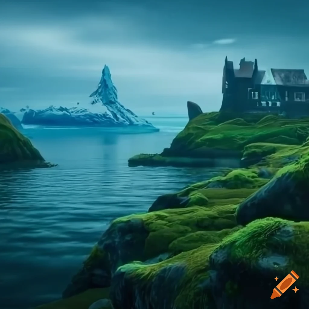 Mossy hills surrounding a fantasy port town near the arctic sea on Craiyon