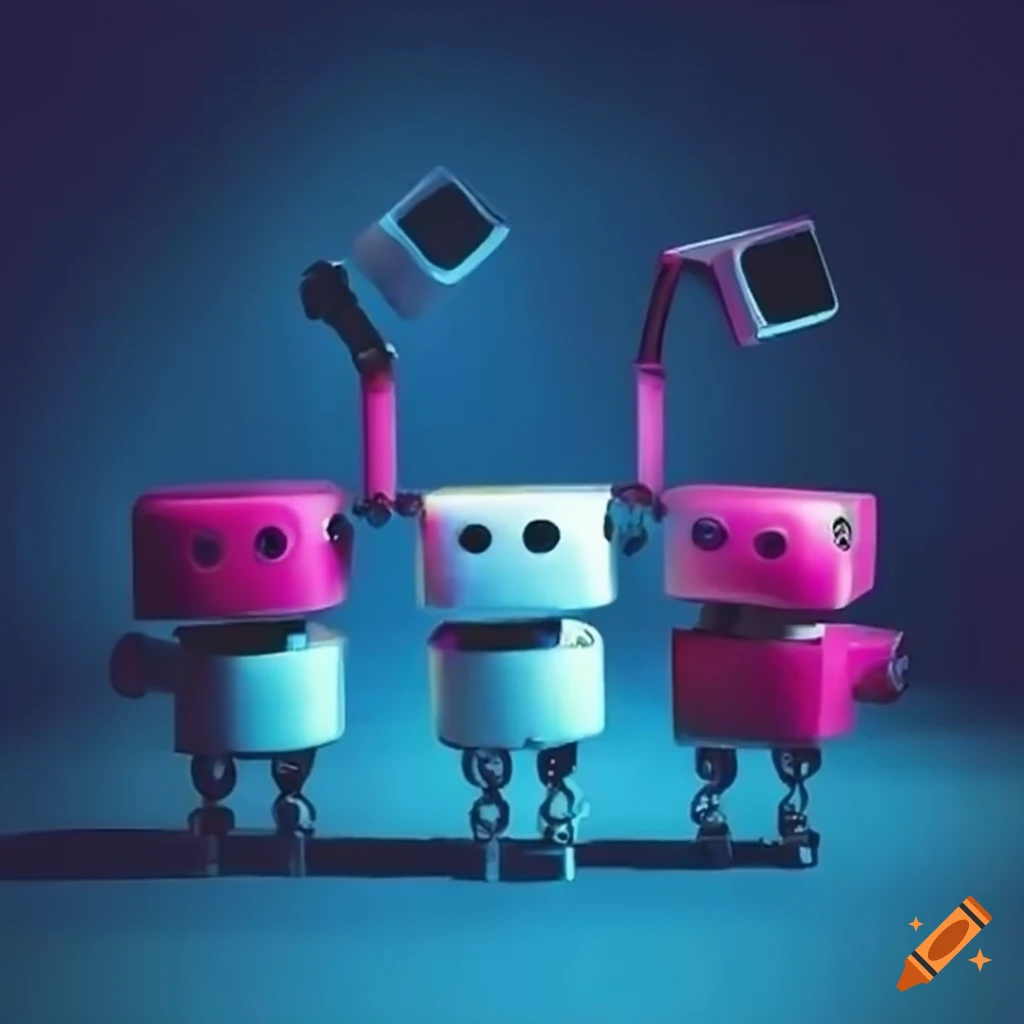 Three cute square robots playing music on a surreal stage on Craiyon