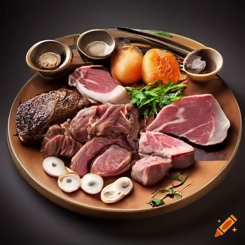 Beautifully prepared meat dishes on a magnificent dining table on Craiyon