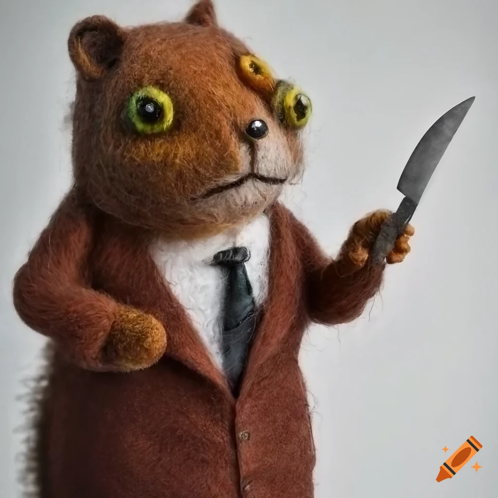 Whimsical monster squirrel sculpture in a suit holding a knife on a ...