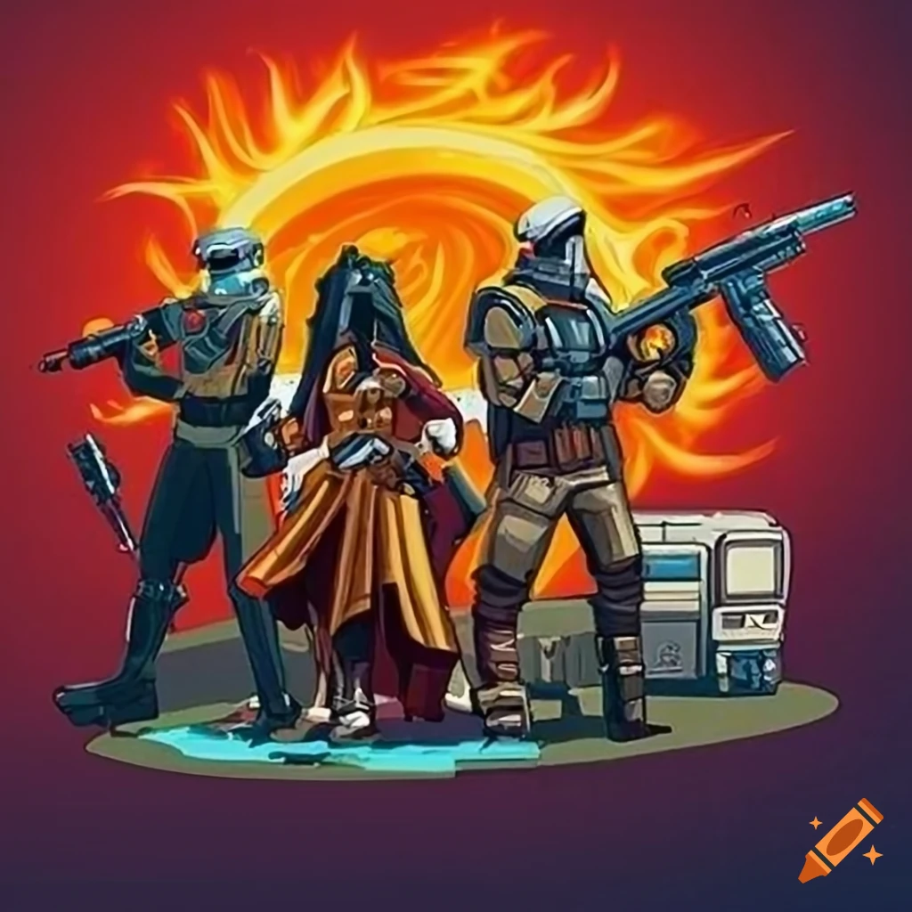 Science fiction mercenary in a fiery wilderness background on Craiyon