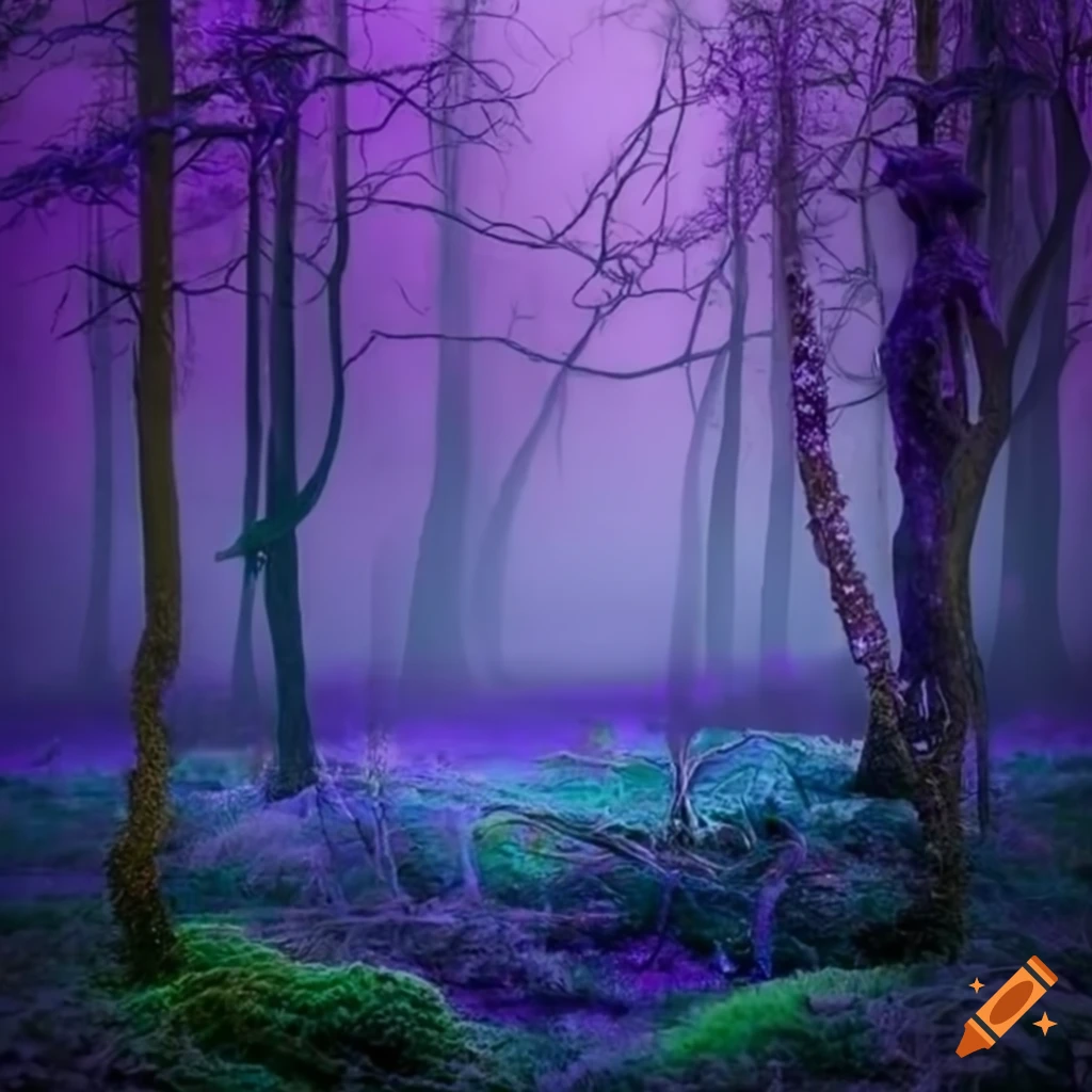 Enchanted blue-purple forest with silver moss on the floor on Craiyon