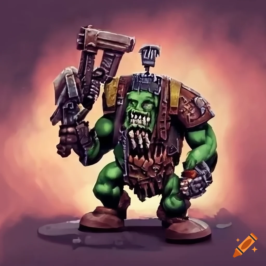 Ork big mek with pipe wrench in a happy comic style on Craiyon