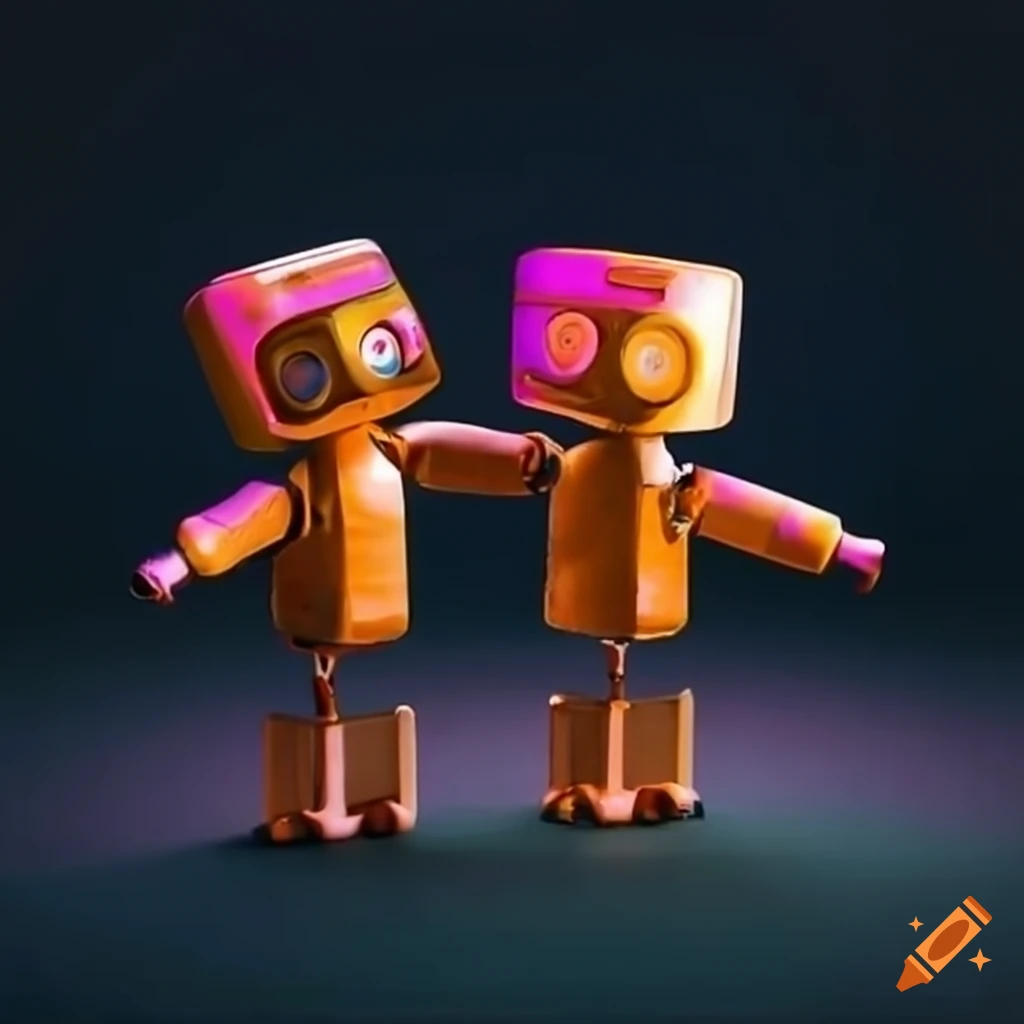 Three cute, square robots performing music on a surrealist stage on Craiyon