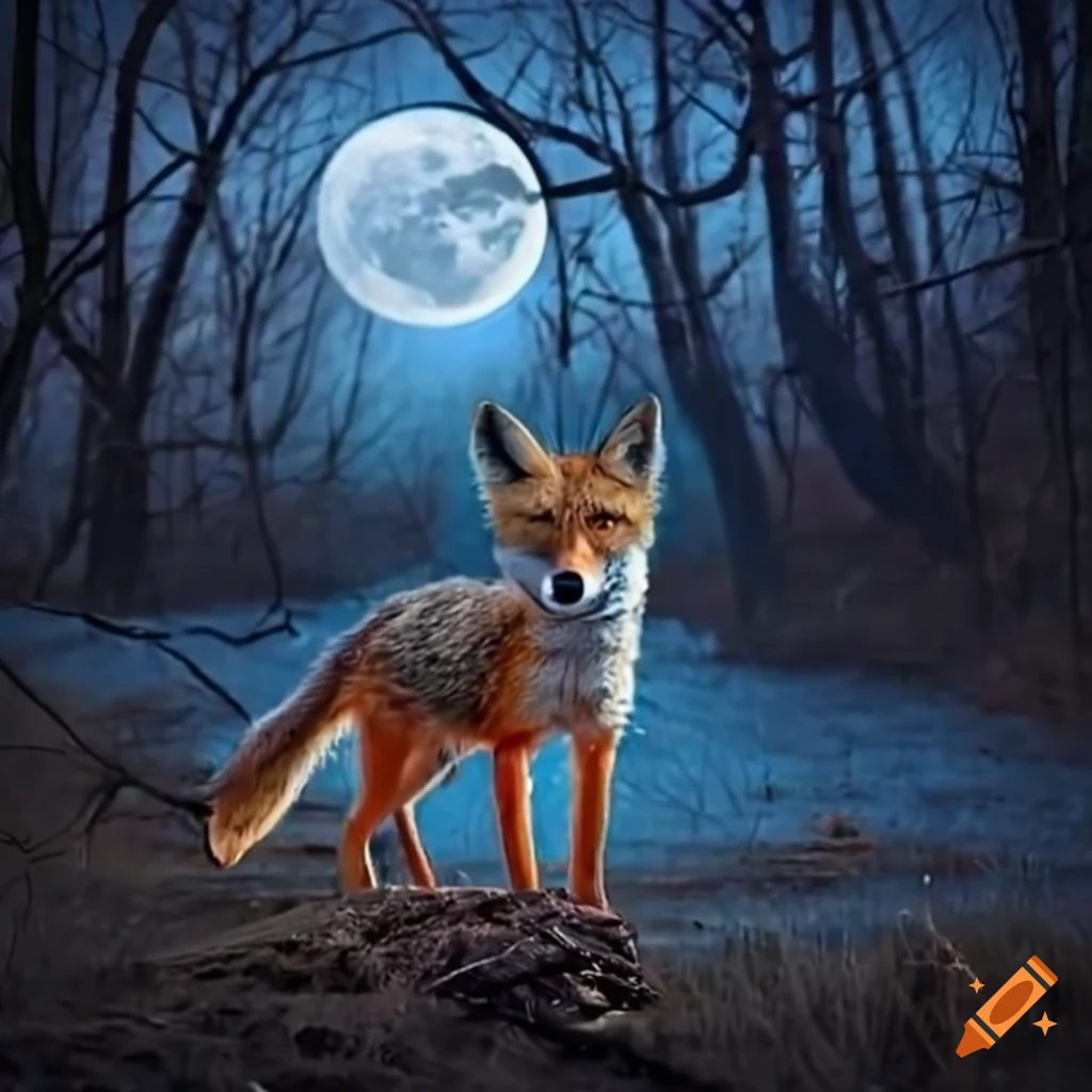 Feisty fox hunting a wary coyote in a moonlit forest on Craiyon
