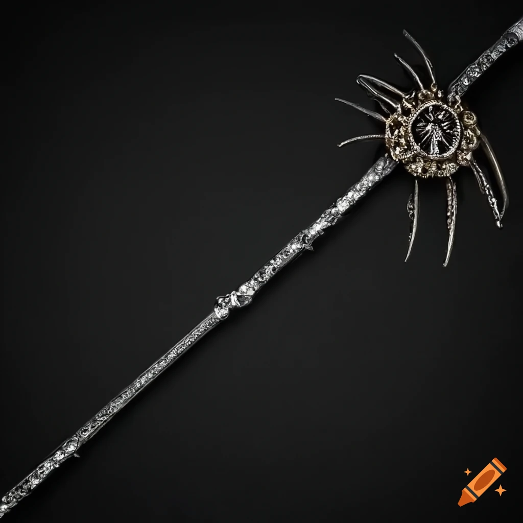 Black metal staff with diamonds, runes, and raven feathers on Craiyon