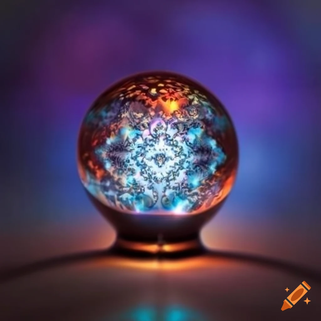 Shiny crystal ball with mystical fractals and oriental base on Craiyon