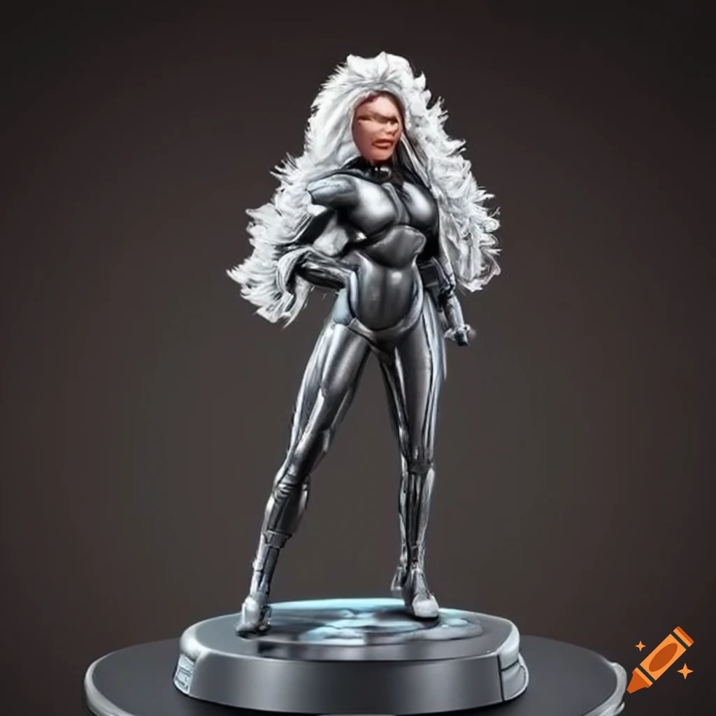 Silver sable marvel character on detailed pedestal with logo on Craiyon