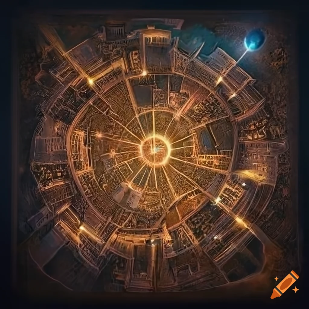 Map of a fantasy holy city with glowing colossal walls in the sunset ...