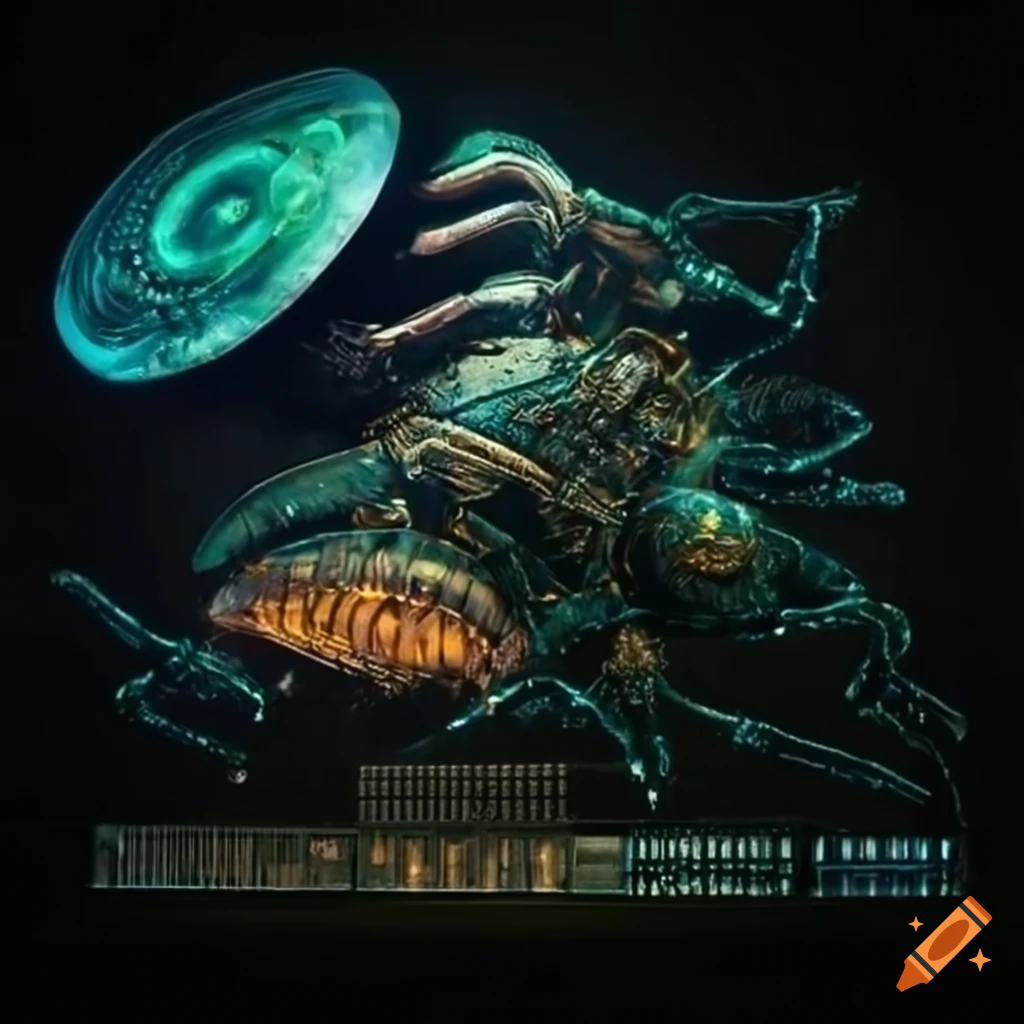 Surrealist scene with alien machines, spaceship, and unknown technology ...