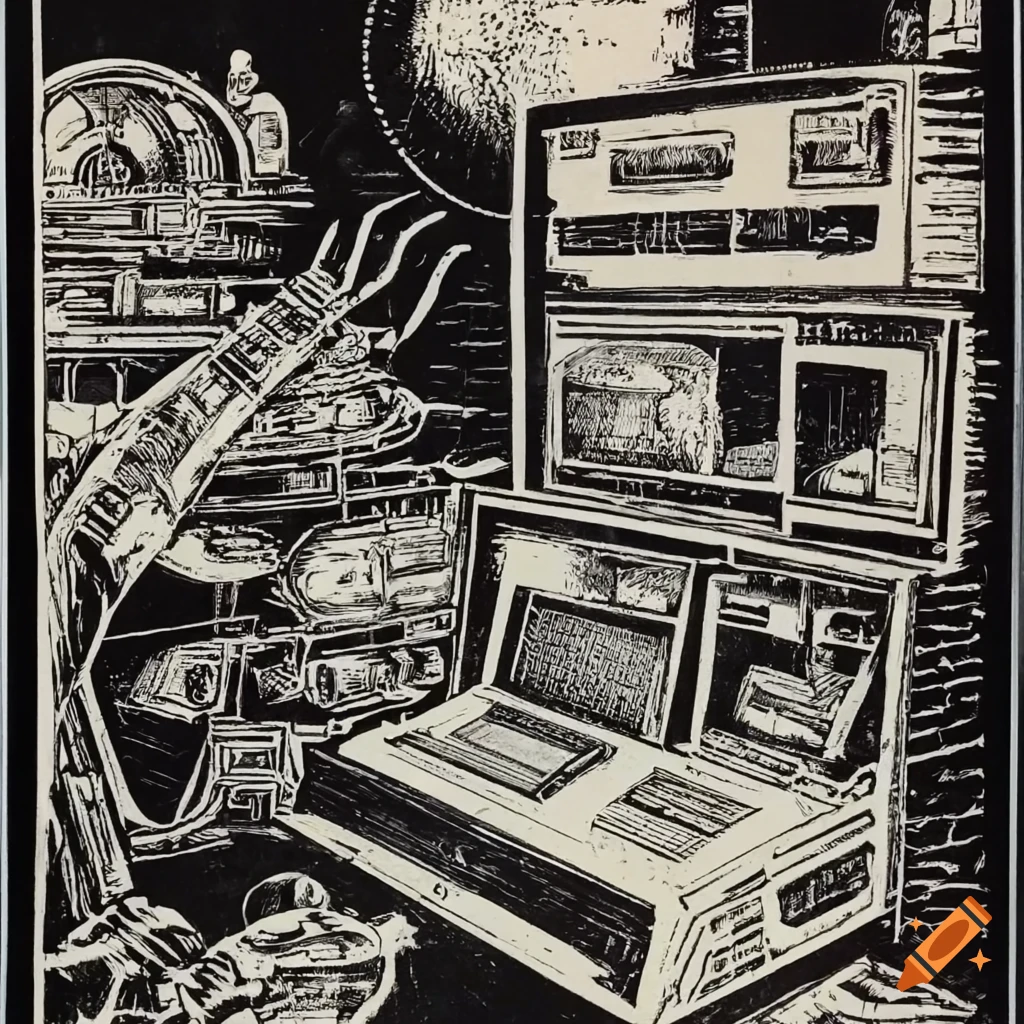 Black and white woodcut print of 70s science fiction computer interior ...