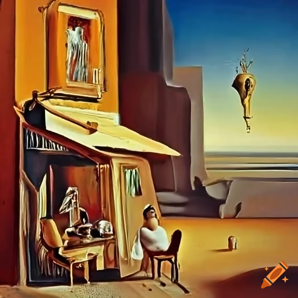 Artistic portrayal of a small café inspired by salvador dalí on Craiyon