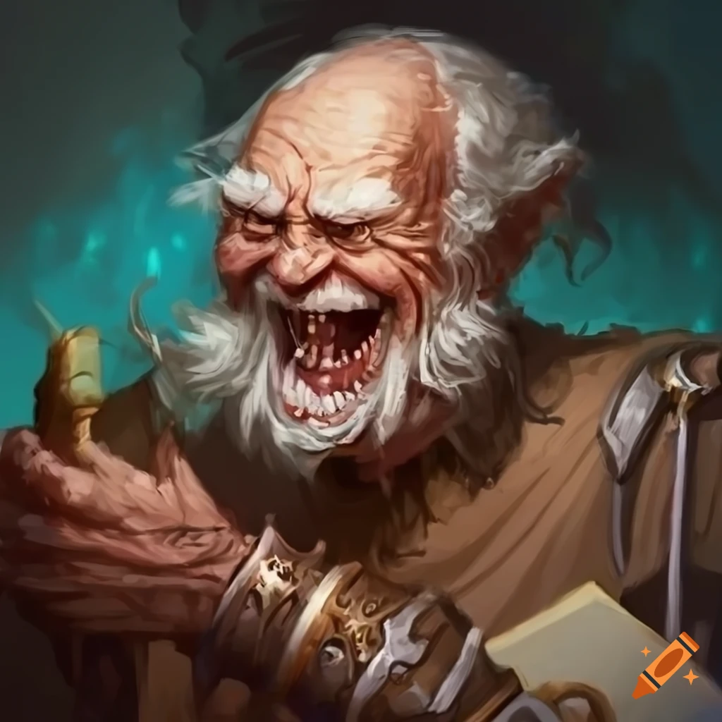 Eccentric laughing old man in fantasy art for DND 5e on Craiyon