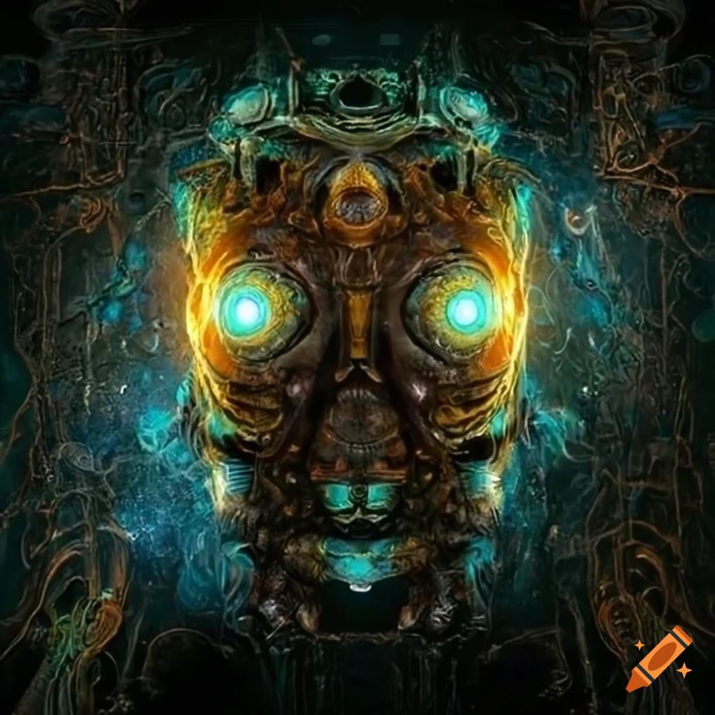 Surrealist scene with alien machines, spaceship, and unknown technology ...