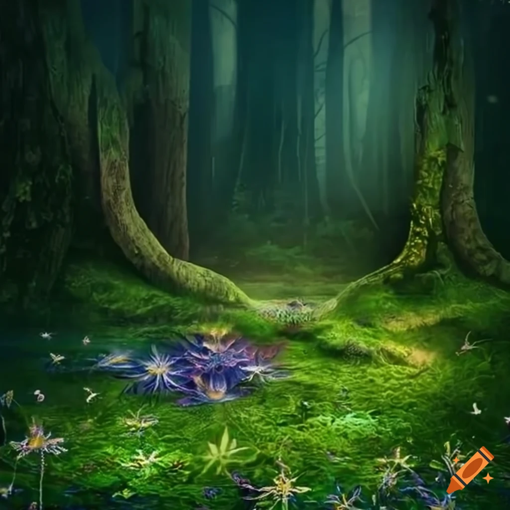 Bright enchanted magical forest with starflowers on the forest floor on ...