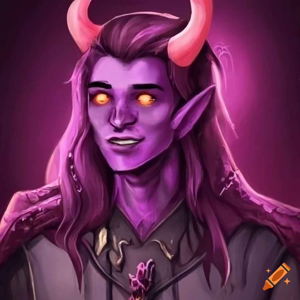 Pink-skinned handsome and happy male tiefling necromancy wizard with ...