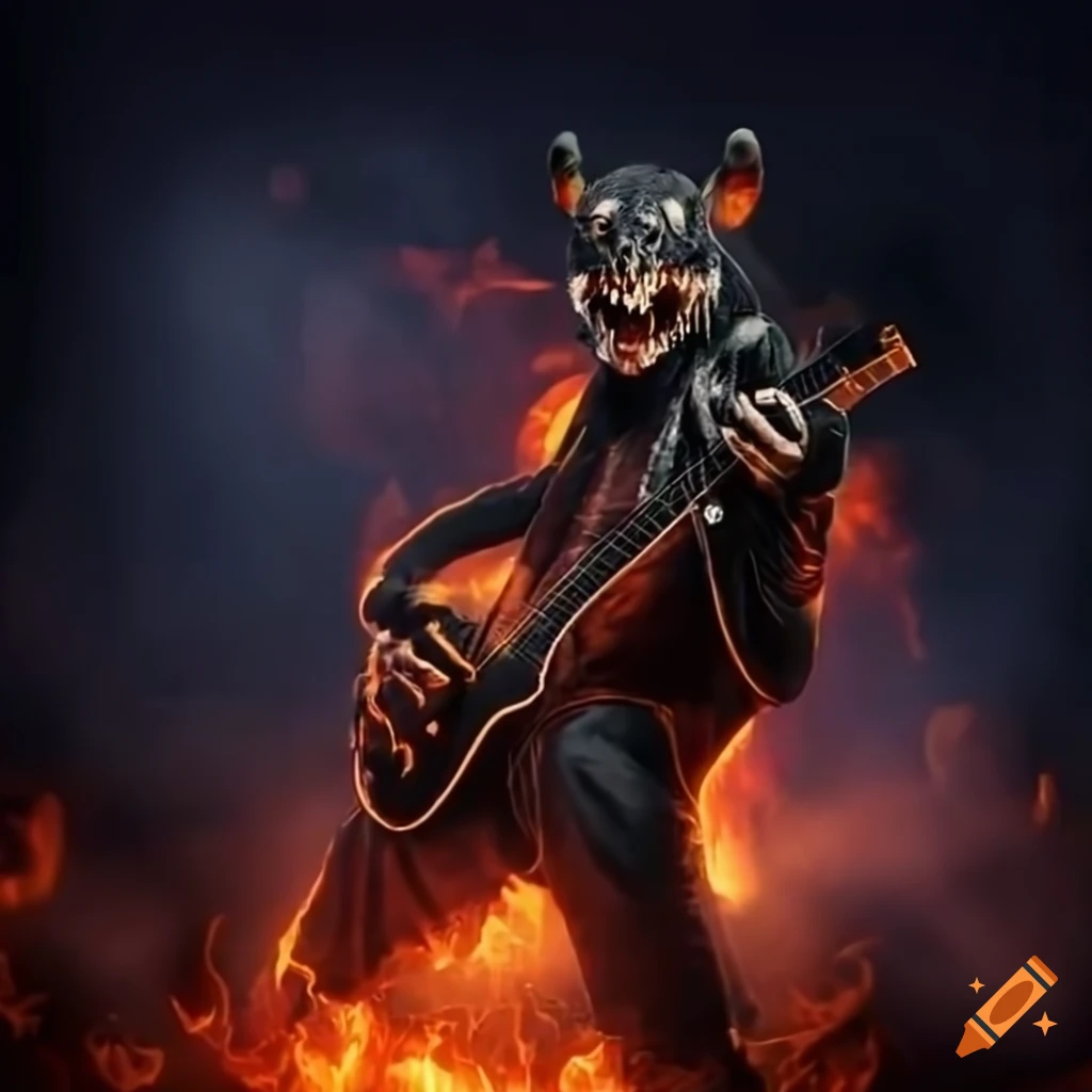 Monster rat playing death metal guitar in a burning city on Craiyon