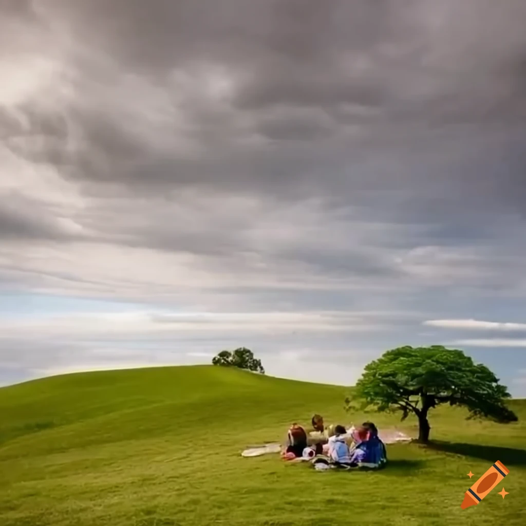 Peaceful hill with tree, clouds, and picnic on Craiyon