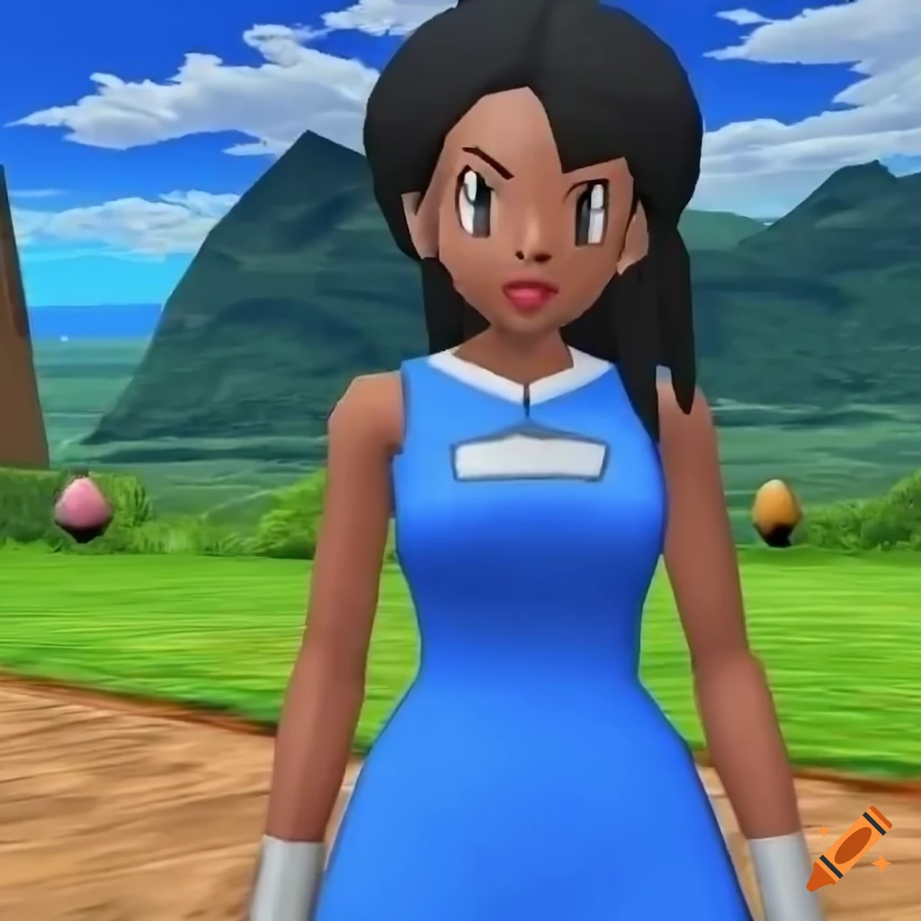 Woman wearing blue dress in a pokémon 3d game screenshot on Craiyon