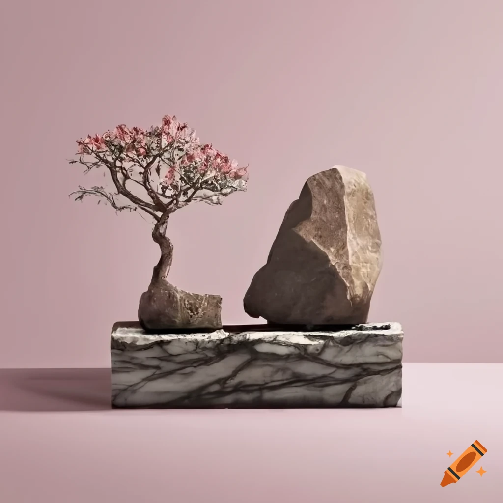 Three large marble slabs with trees, rocks, and flowers around on Craiyon