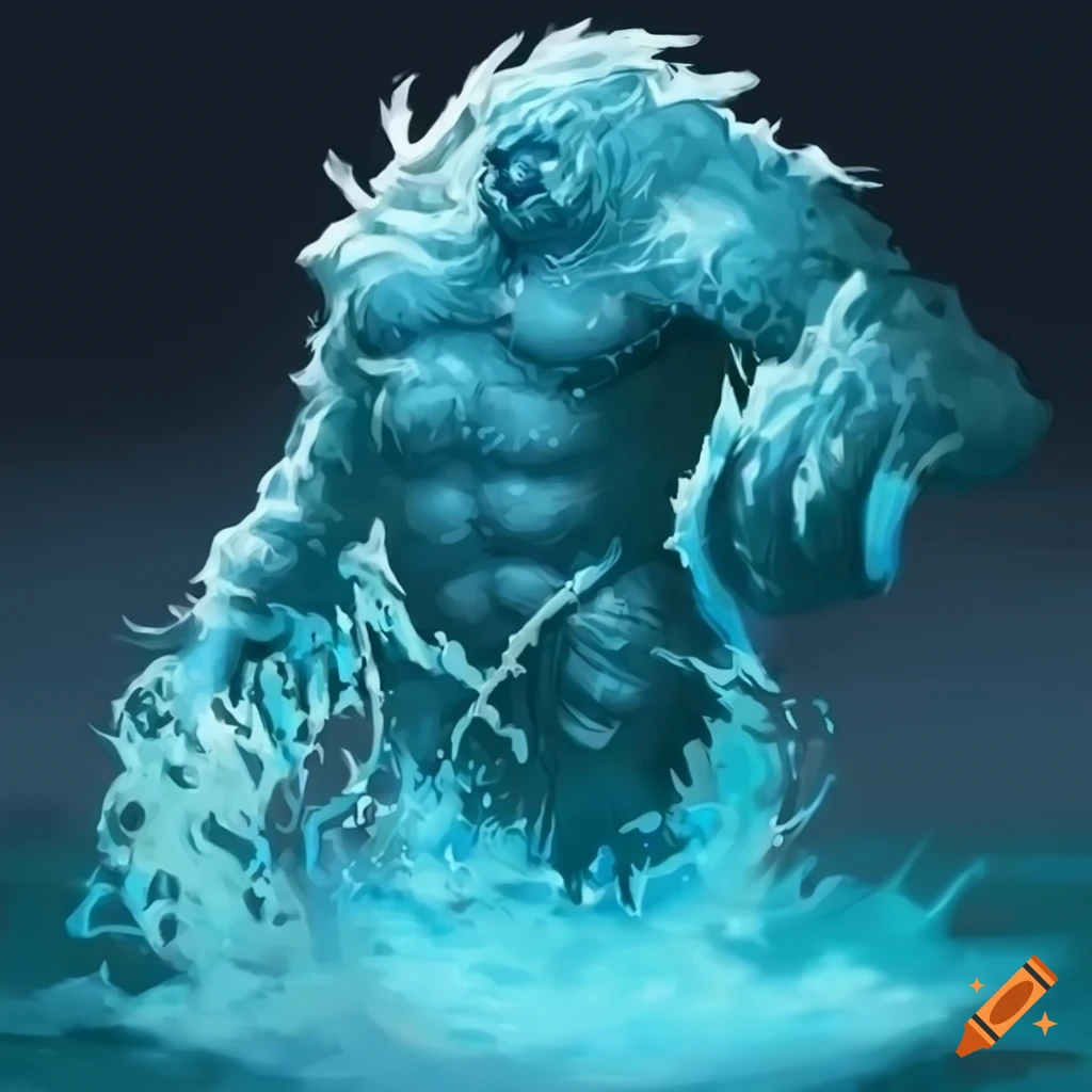 Dnd barbarian facing a water elemental on Craiyon