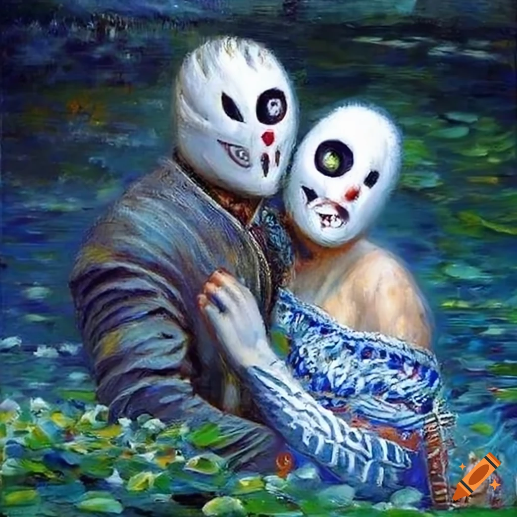 Nocturnal oil painting of two masked people hugging by the lake ...