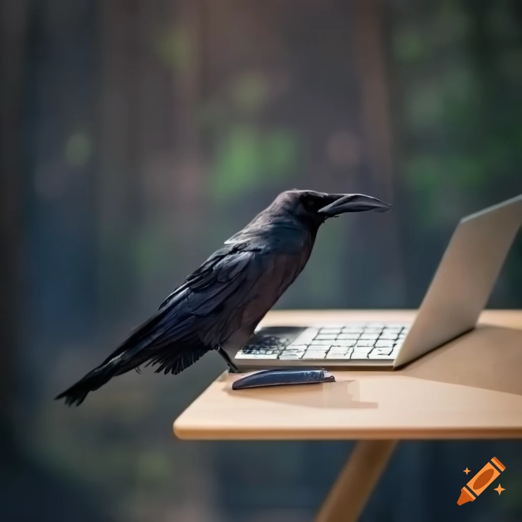 Corvus corax working on a laptop on Craiyon